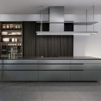 China Modern Modular Kitchen Cabinets In Wood Finish Black Stone Countertop With Fireplace And Sink for sale