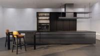 China Modern Modular Kitchen Cabinets In Wood Finish Black Stone Countertop With Fireplace And Sink for sale