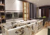 China Modern Modular Kitchen Cabinets In Wood Finish Black Stone Countertop With Fireplace And Sink for sale
