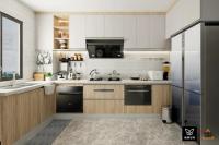 China White Sandstone Modern Modular Kitchen Cabinets Roller Shutter Door With Shelves for sale