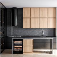 China Wooden Color L Shape Kitchen Cabinets With Island Bar Melamine Finish for sale