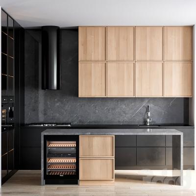 China Wooden Color L Shape Kitchen Cabinets With Island Bar Melamine Finish for sale