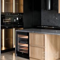 China Wooden Color L Shape Kitchen Cabinets With Island Bar Melamine Finish for sale