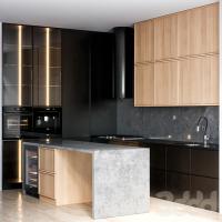 China Wooden Color L Shape Kitchen Cabinets With Island Bar Melamine Finish for sale
