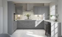 China 5M U Shape Modern Modular Grey Color Kitchen Design With Island Bar And Pantry Set for sale