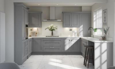 China 5M U Shape Modern Modular Grey Color Kitchen Design With Island Bar And Pantry Set for sale