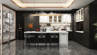 China New Chinese Style Stainless Steel Kitchen Cabinets - Gold Trim - Island & Ample Storage for sale