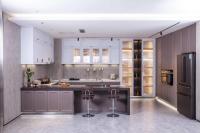 China Modern Grey Brass - Trimmed Kitchen Cabinets - Island - Glass Storage for sale