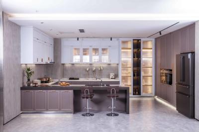 China Modern Grey Brass - Trimmed Kitchen Cabinets - Island - Glass Storage for sale