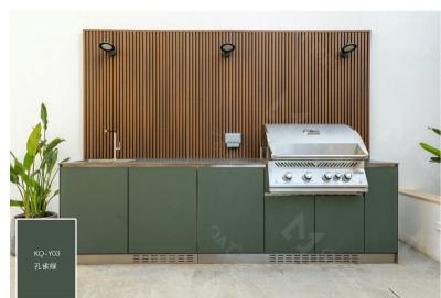 China Weather Resistant SS Premade Outdoor Kitchen Cabinets Units Peacock Green For Garden for sale