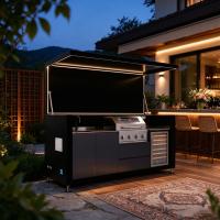 China Aluminum Outdoor Party Kitchen with Dual-Fuel Grill Electric Push Rod Flip Cover and Honeycomb Panel for sale