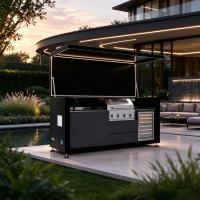 China Aluminum Outdoor Party Kitchen with Dual-Fuel Grill Electric Push Rod Flip Cover and Honeycomb Panel for sale