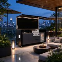 China Aluminum Outdoor Party Kitchen with Dual-Fuel Grill Electric Push Rod Flip Cover and Honeycomb Panel for sale