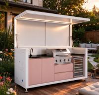 China Aluminum Outdoor Kitchen Unit with Gas and Charcoal Dual-Purpose Grill and Electric Actuator-Operated Lift-Up Cover for sale