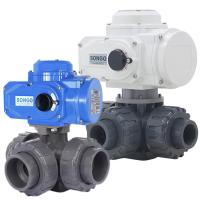 China PVC 3 Way Electric Actuator Ball Valve Motorized IP67 50Nm DN20 3/4 Inch 110V AC True Union for sale