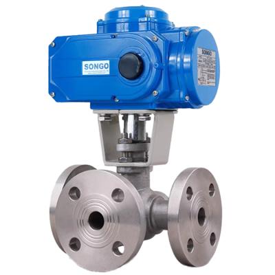 China 3way Flange Motorized Ball Valve T/L Port DC24V On Off 4-20mA RS485 Regulation Valve for sale