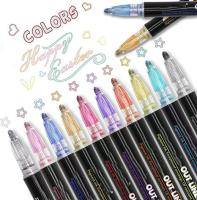 China Bonvan Custom 12 24 Colors Self-Outline Metallic Markers Pens DIY Art Double Line Shimmer Outline Markers Set for sale