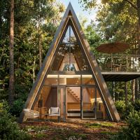 China Premium Luxury Triangle Wooden House Movable Steel Container Villa Modern Prefab House for Resort Hotel Comfort Stays for sale