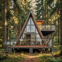 China Secluded Isolated Getaway Triangular Prefab Wood Villa Tough Steel Structure Ideal for Glamping Holiday Resorts for sale