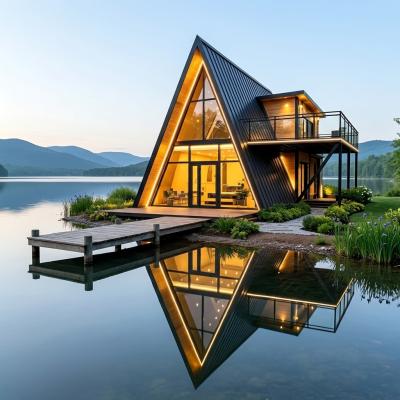 China Elegant Bespoke Triangular Wood Lodge High Tensile Steel Frame Factory Direct Sales for Outdoor Leisure Residential Buildings for sale