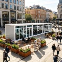 China Long Span Glass Packing Box House With Planter Boxes for City Square Coffee Lounge and Public Exhibition Space for sale