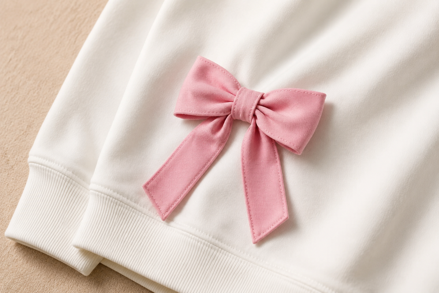 Close up of cotton blend sweatshirt fabric and three dimensional bow applique