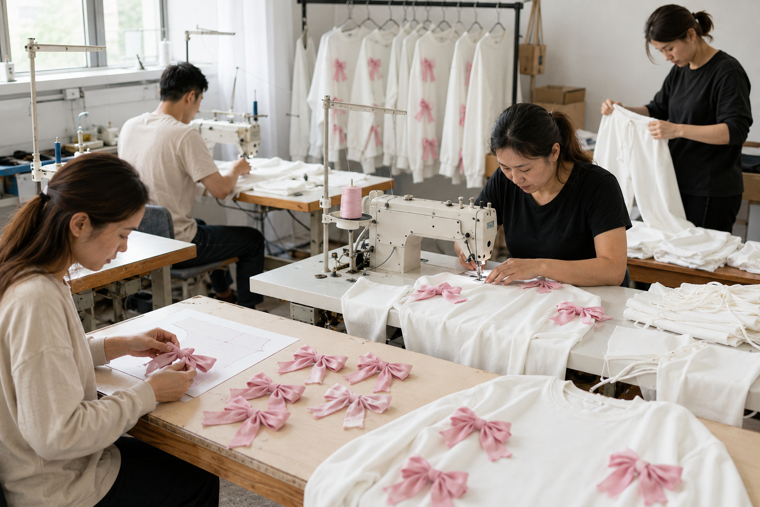 Manufacturing custom bow applique loungewear sets in a garment factory