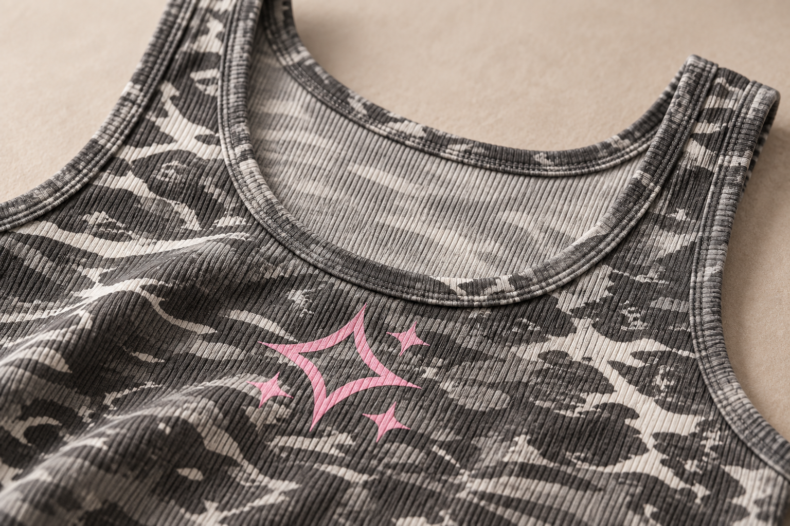 Close-up of cotton spandex rib fabric and camouflage print for custom tanks