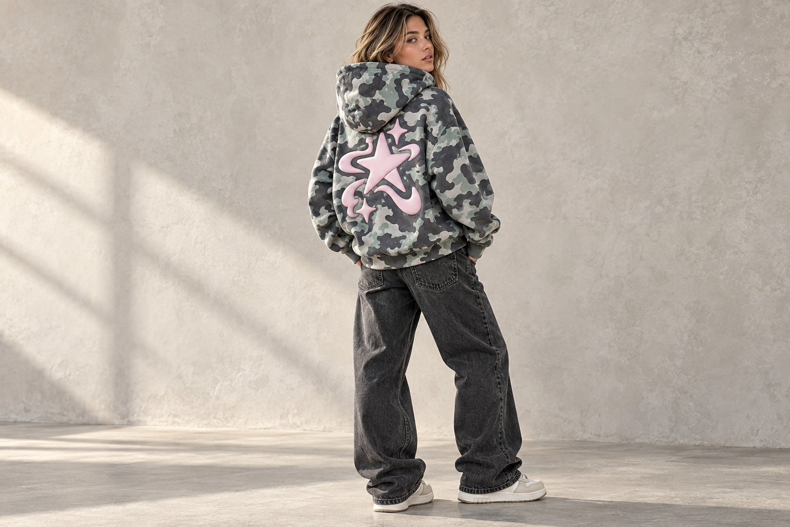 Custom hoodies and sweatshirts featuring an oversized camouflage puff print hoodie