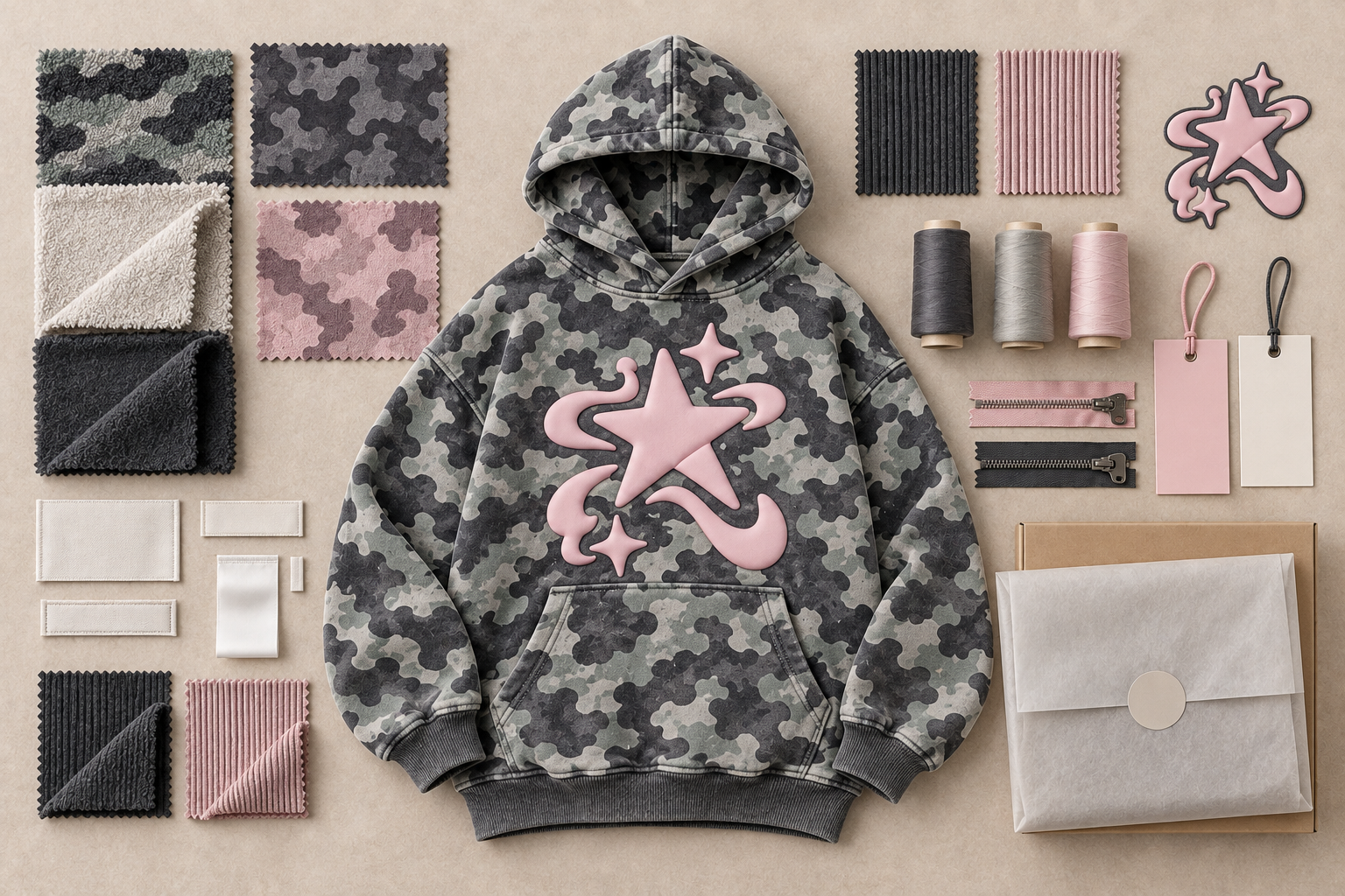 Custom fabrics puff print zippers labels tags and packaging for hoodies
