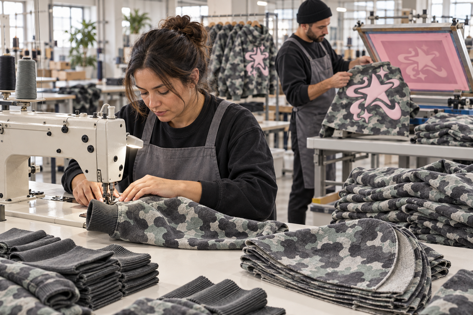 Manufacturing custom camouflage puff print hoodies in a garment factory