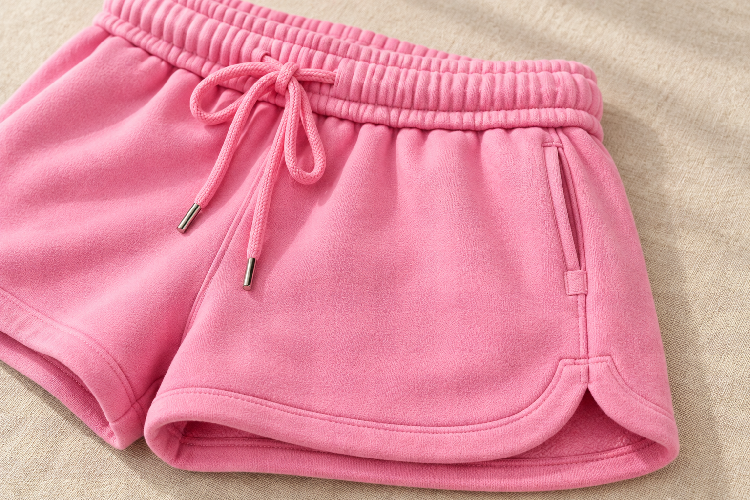 Close-up of 300 GSM fleece fabric and curved overlap hem construction