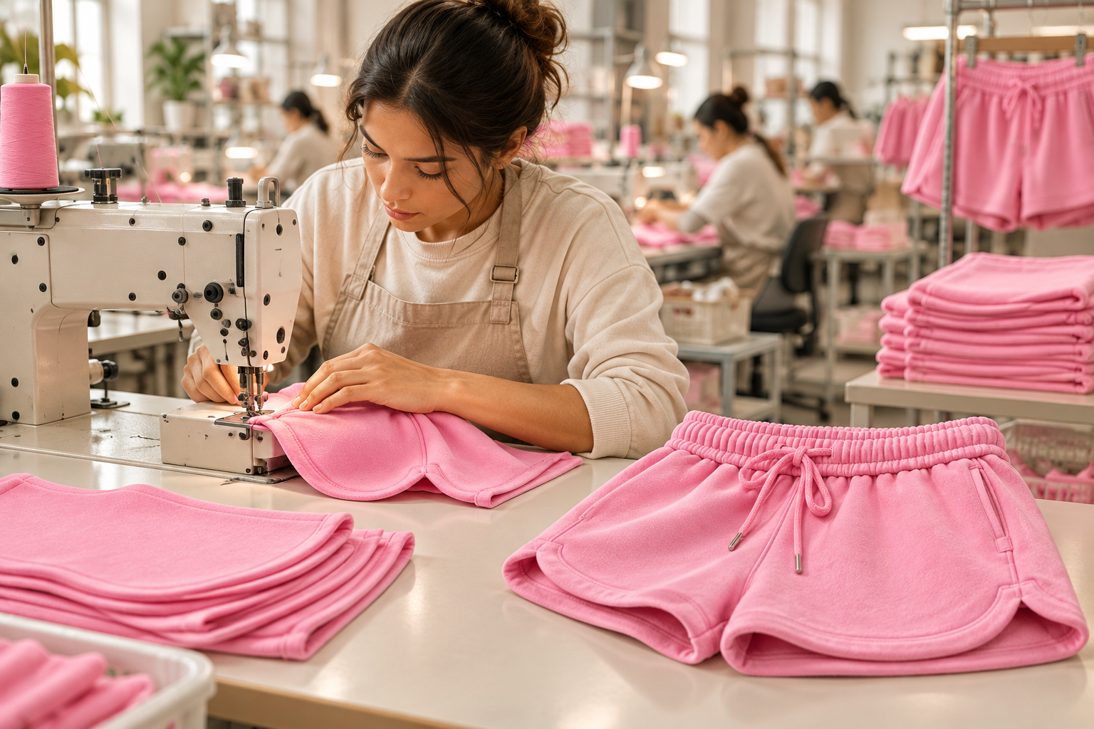 Manufacturing custom curved hem fleece shorts in a garment factory