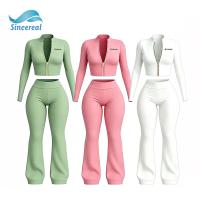 China Custom Women Yoga Set Zip Front Crop Jacket Flared Pants High Waist Yoga Leggings Fitness Gym Wear Sports Yoga Outfit Stretch Activewear OEM ODM Factory for sale