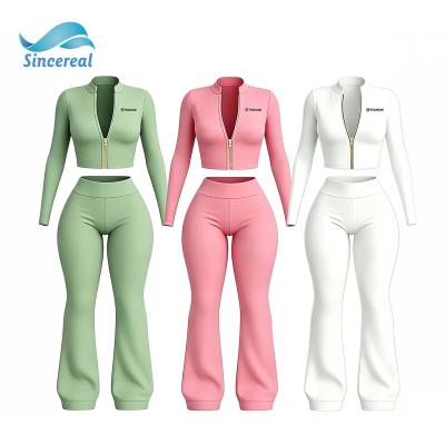 China Custom Women Yoga Set Zip Front Crop Jacket Flared Pants High Waist Yoga Leggings Fitness Gym Wear Sports Yoga Outfit Stretch Activewear OEM ODM Factory for sale