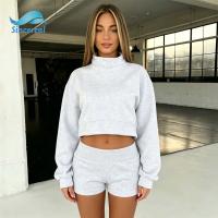 China Custom Grey Cropped Sweatshirt & High Waist Shorts Lounge Set for sale