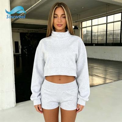 China Custom Grey Cropped Sweatshirt & High Waist Shorts Lounge Set for sale