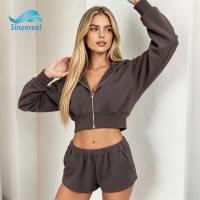 China Custom Brown Cropped Zip Up Hoodie & High Waist Shorts Set for sale