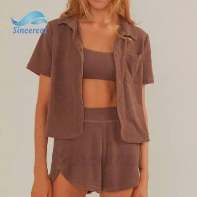 China Custom Women's Terry Cloth Shirt & Tank & Shorts 3pc Lounge Set for sale