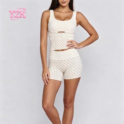 China High quality white polka dot pleated yoga set for sale