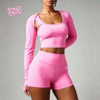 China Custom Women's Square Neck Shrug Shorts 3 Piece Yoga Set for sale