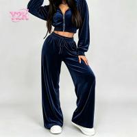 China Custom Women's Velour Zip Hoodie Wide Leg Pants Tracksuit for sale