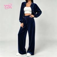 China Custom Women's Velour Zip Hoodie Wide Leg Pants Tracksuit for sale