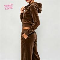 China Custom Women's Rhinestone Velour Zip Hoodie Wide Leg Pants Set for sale