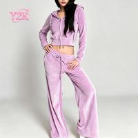 China Custom Women's Cropped Velour Hoodie Wide Leg Pants Set for sale