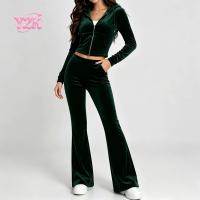 China Custom Women's Velvet Zip Hoodie Flare Pants Tracksuit Set for sale