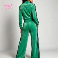 China Custom Women's Side Stripe Velour Zip Jacket Flare Pants Set for sale