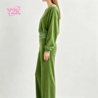 China Custom Women's Terry V Neck Top Wide Leg Pants Lounge Set for sale