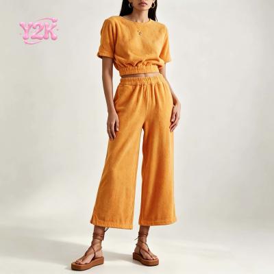 China Custom Women's Terry Crop Top Cropped Wide Leg Pants Set for sale
