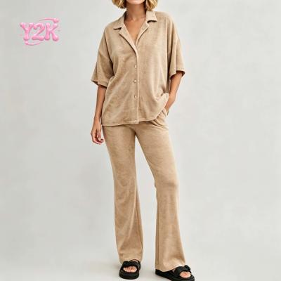 China Custom Women's Terry Button Shirt Straight Leg Pants Set for sale